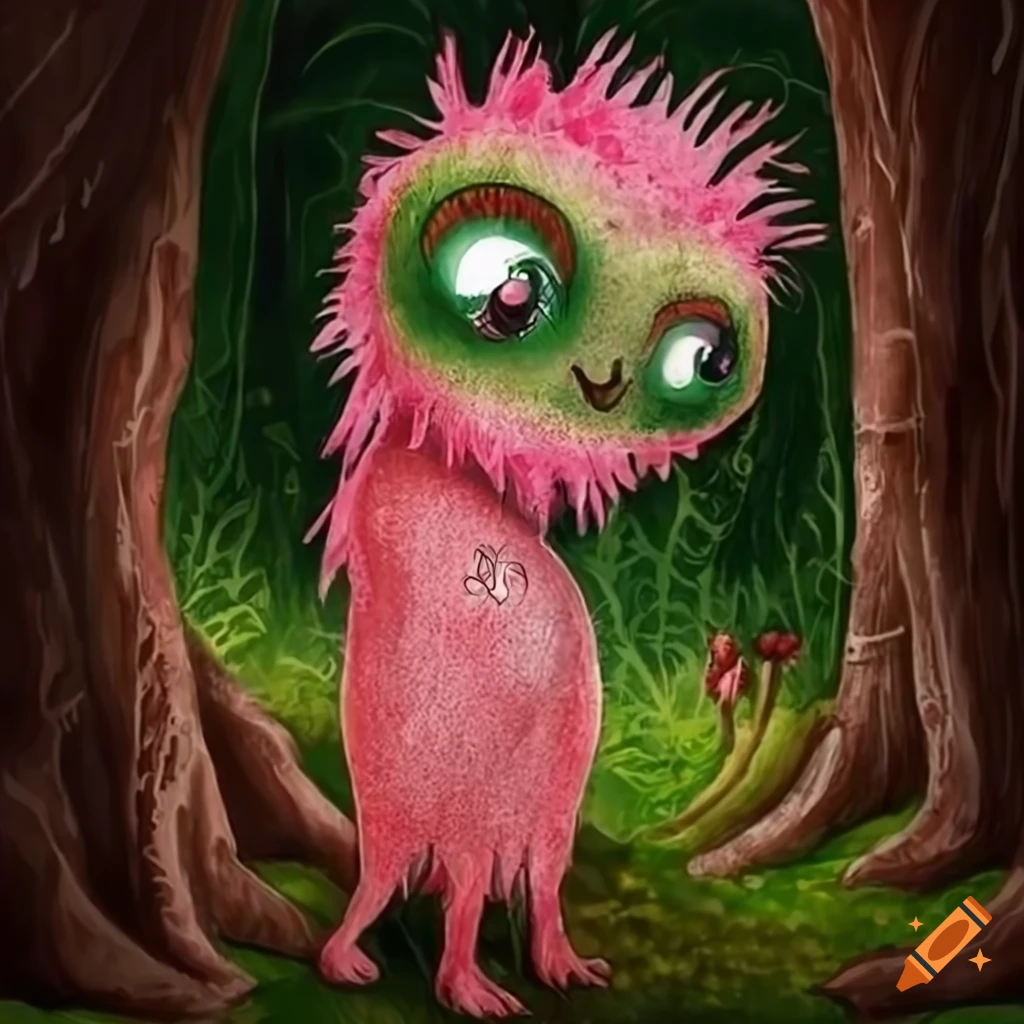 Adorable fairytale monster with pink flowers in a forest setting on Craiyon