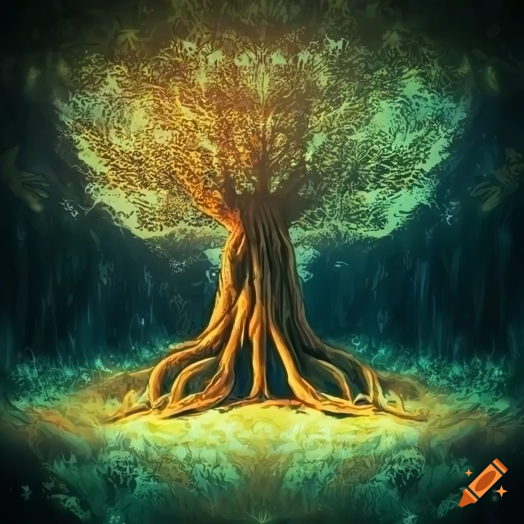 Illustration of a colossal tree with glowing golden leaves in a dark ...