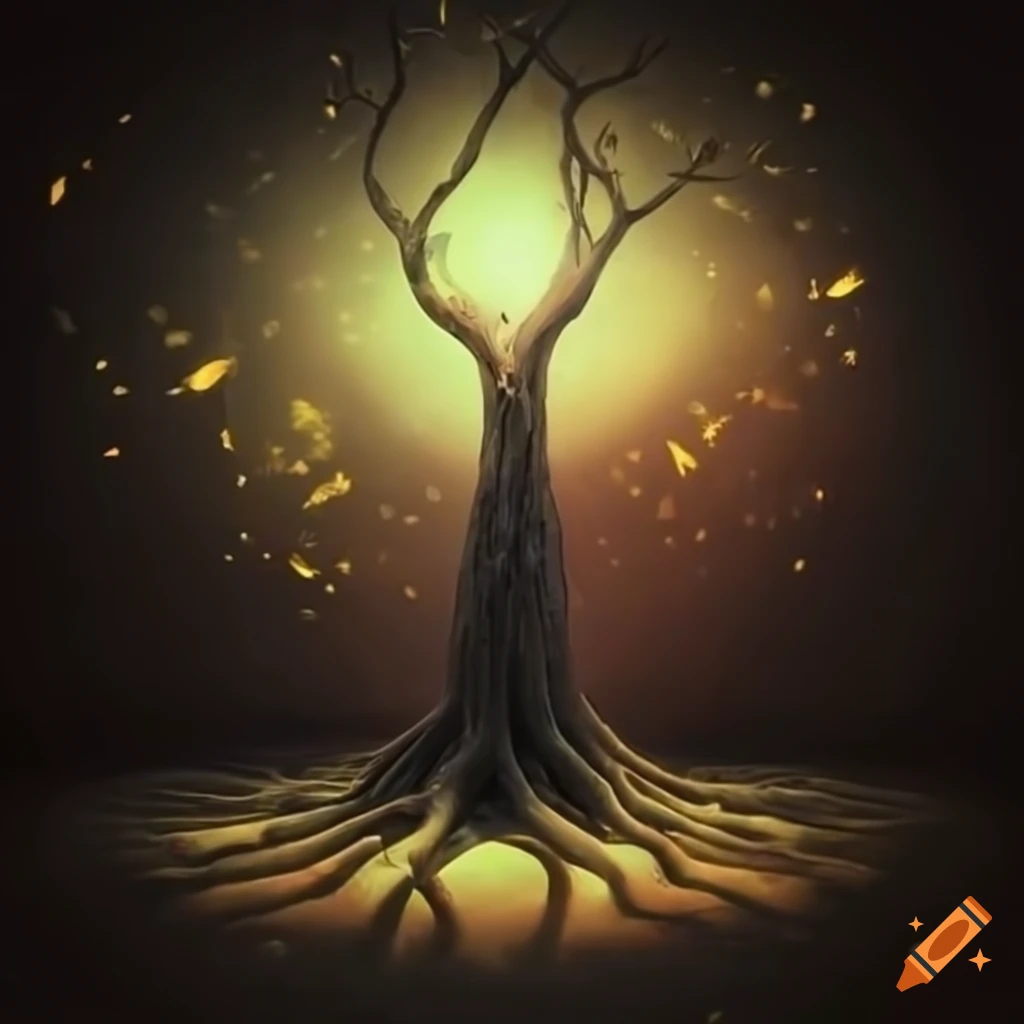 Colossal tree with moonlit roots and dancing fireflies on Craiyon