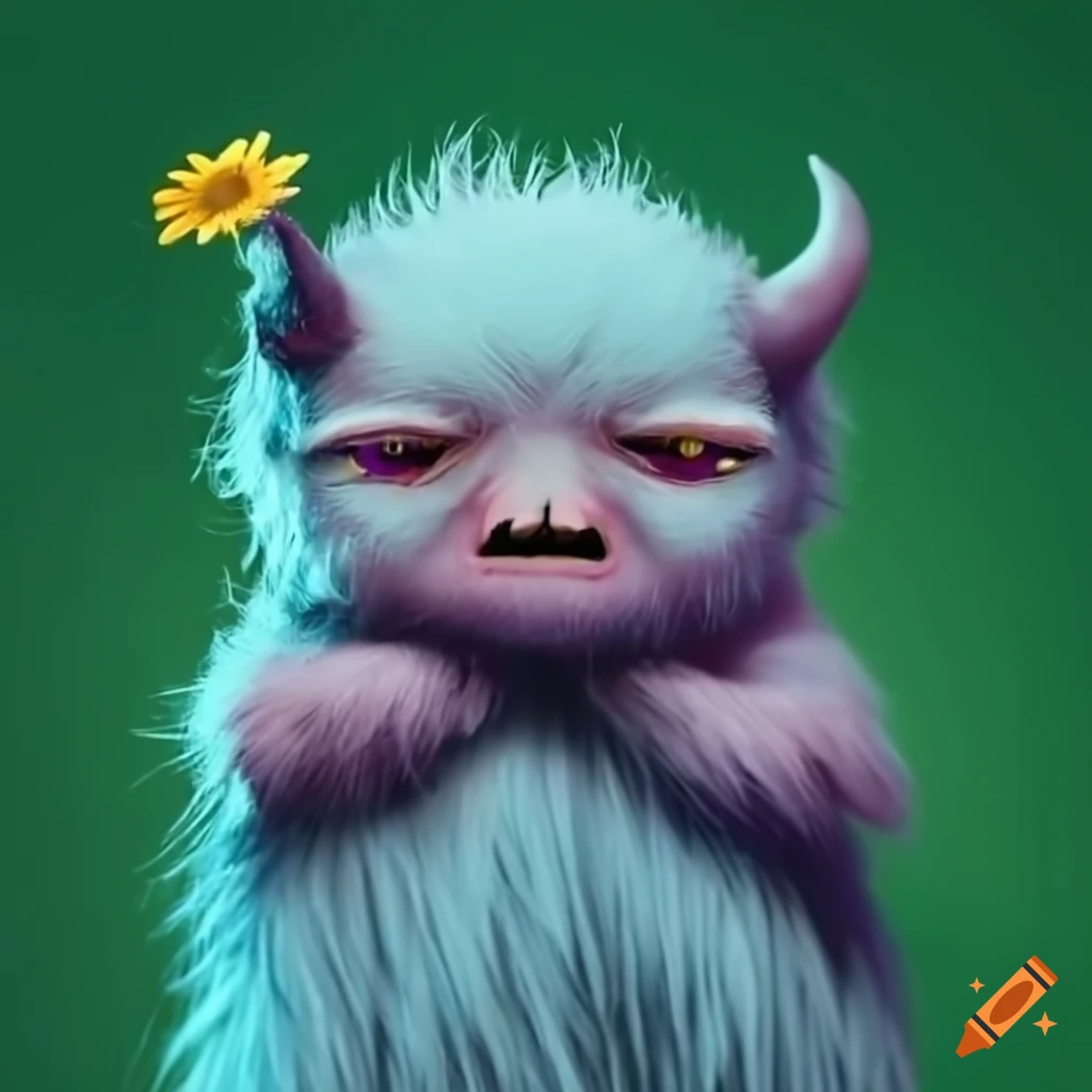 Sad hairy monster holding a daisy in a symmetrical composition on Craiyon