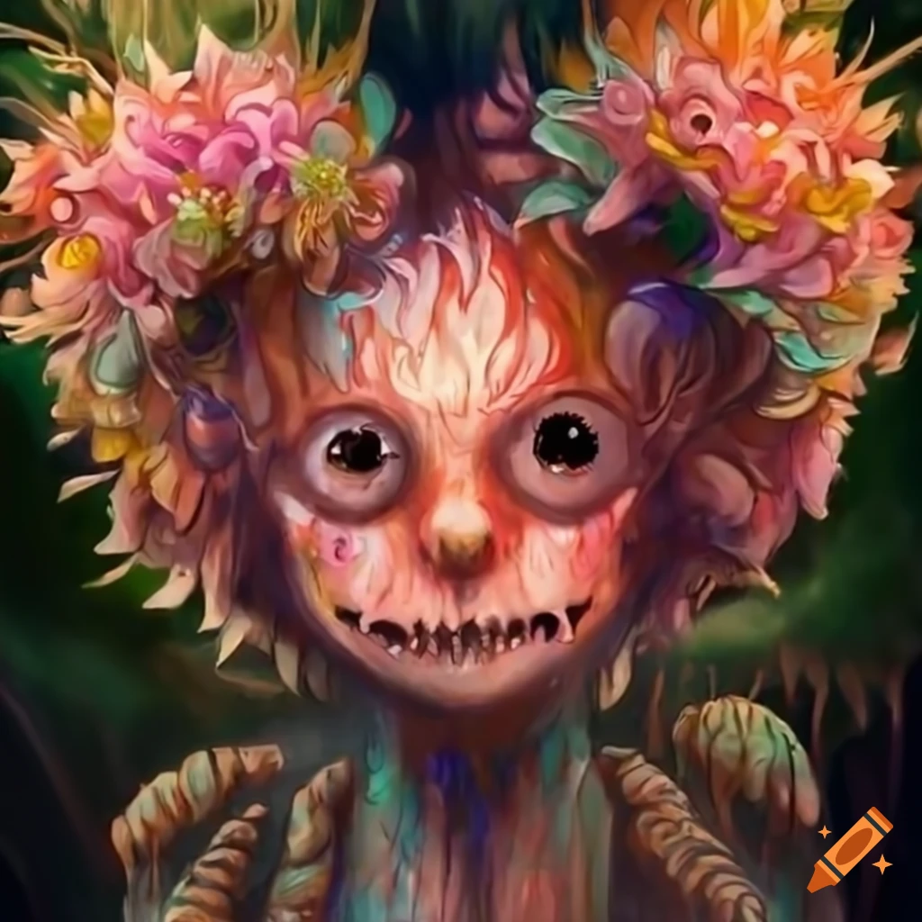 Adorable plant-monster collecting flowers in a warm light on Craiyon