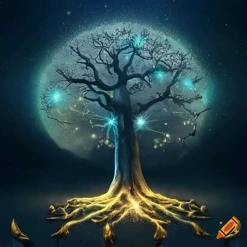 Illustration of celestial blossom oak tree with glowing silver and gold ...