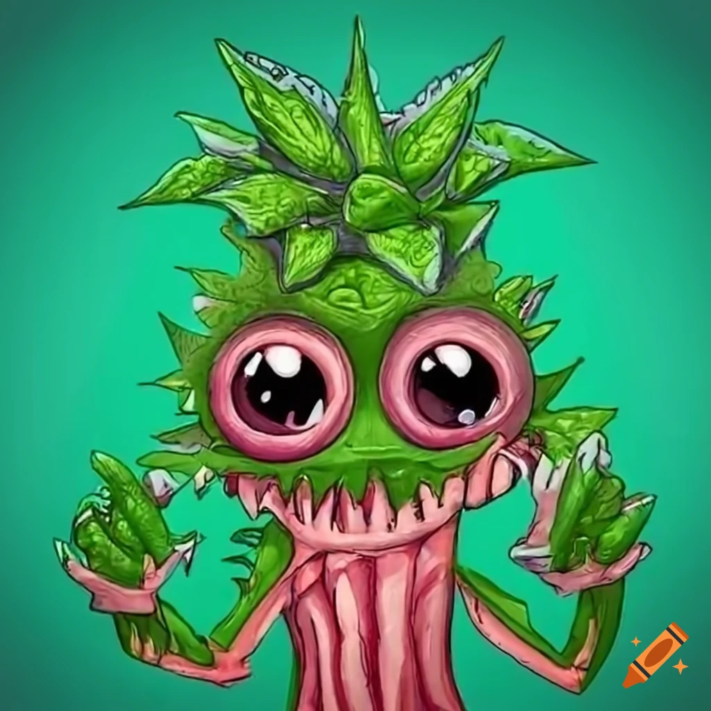 Adorable plant-monster with green fur and pink scales in a child's ...