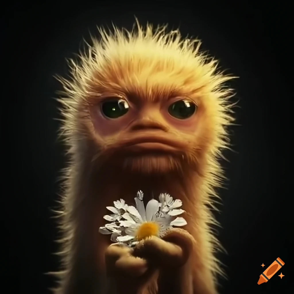 Sad hairy monster holding a daisy in a symmetrical composition with ...