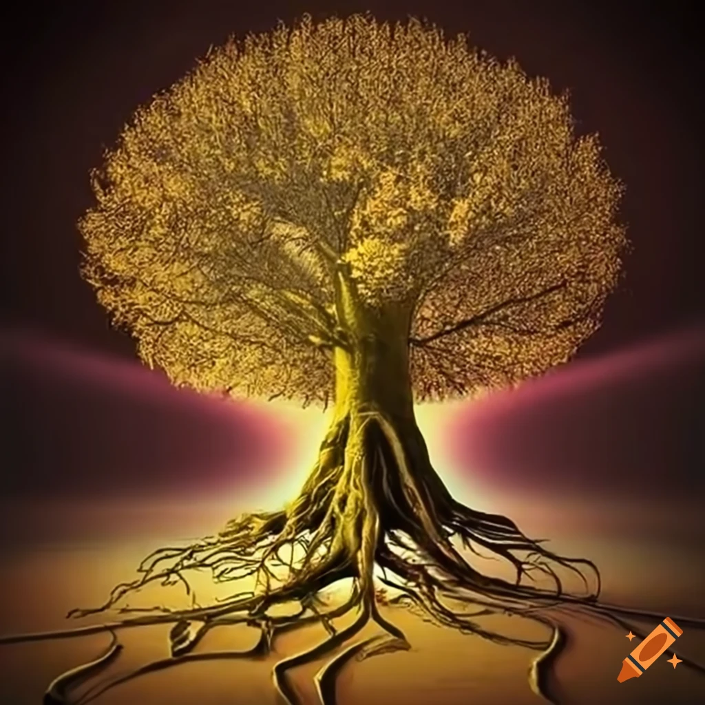 Colossal tree with massive roots bathed in golden light on Craiyon