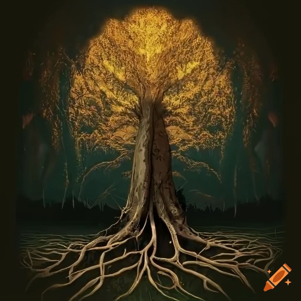 Illustration of a colossal tree with golden leaves surrounded by a dark ...