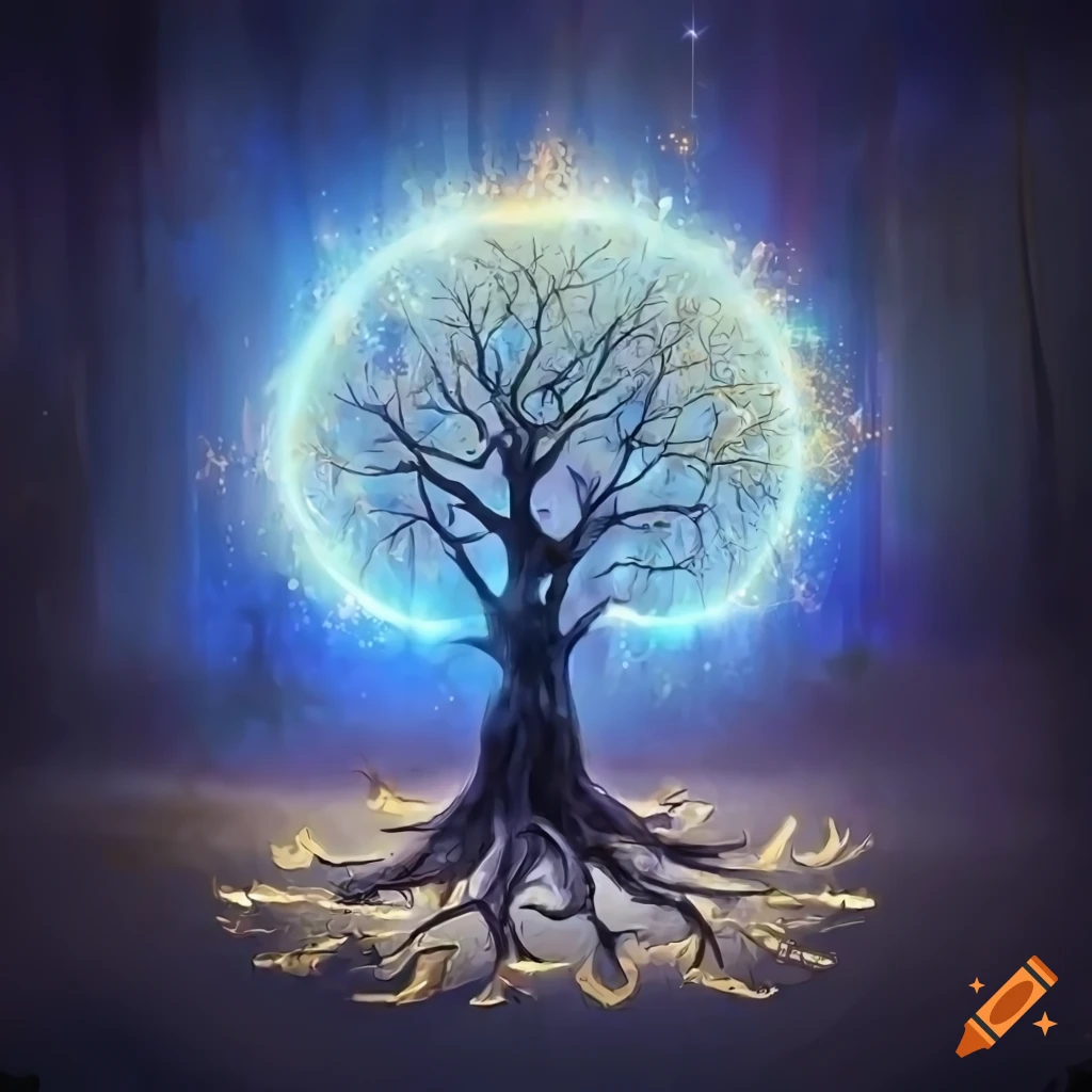 Celestial blossom oak tree with glowing silver and gold leaves in a ...