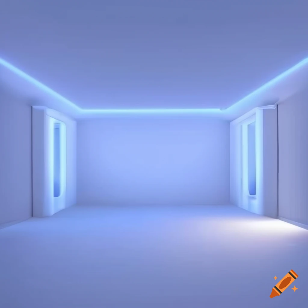 Set of white rooms with smooth walls and ice-blue lights on Craiyon