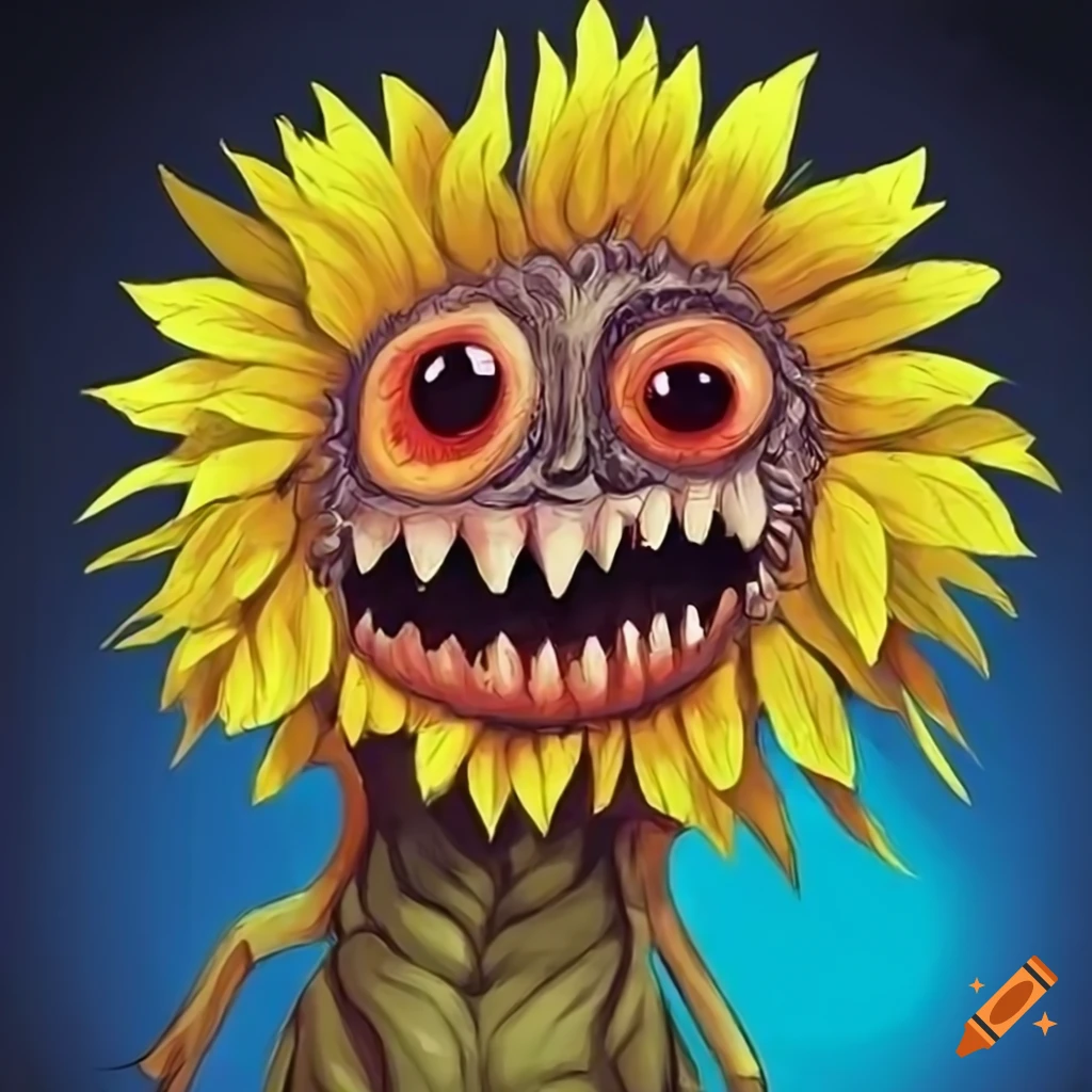 Adorable dancing monster with sunflower head and leaf arms in a warm ...
