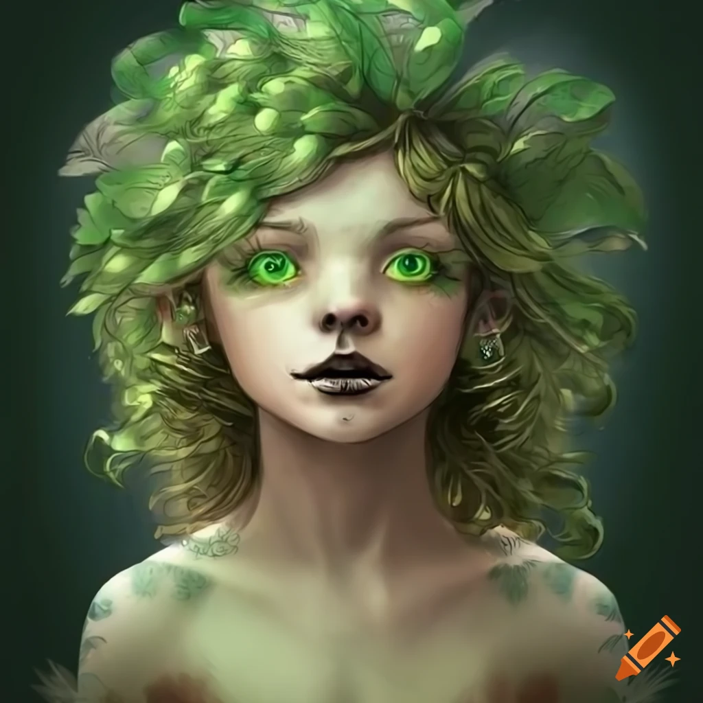 Illustration of a mischievous forest spirit with long hair and green ...