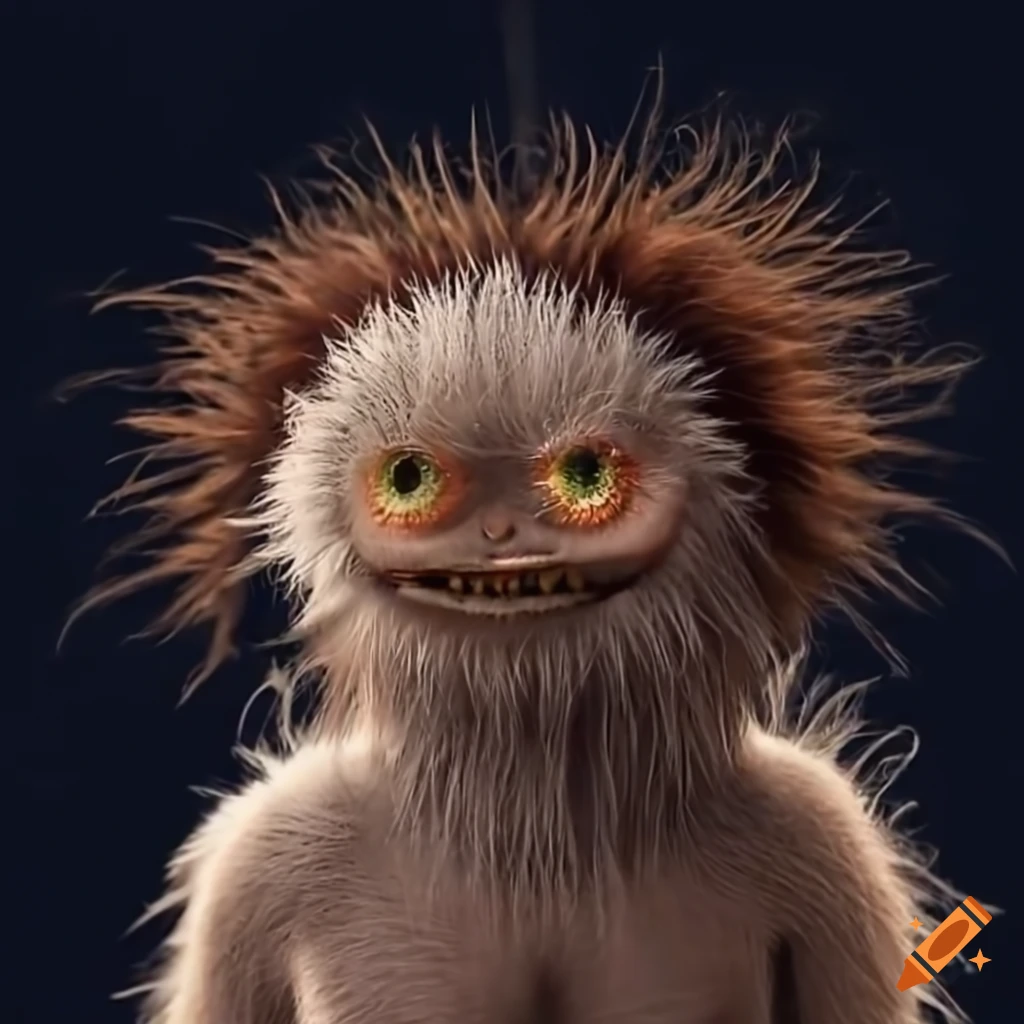 Sad hairy monster holding a daisy in a symmetrical composition with ...