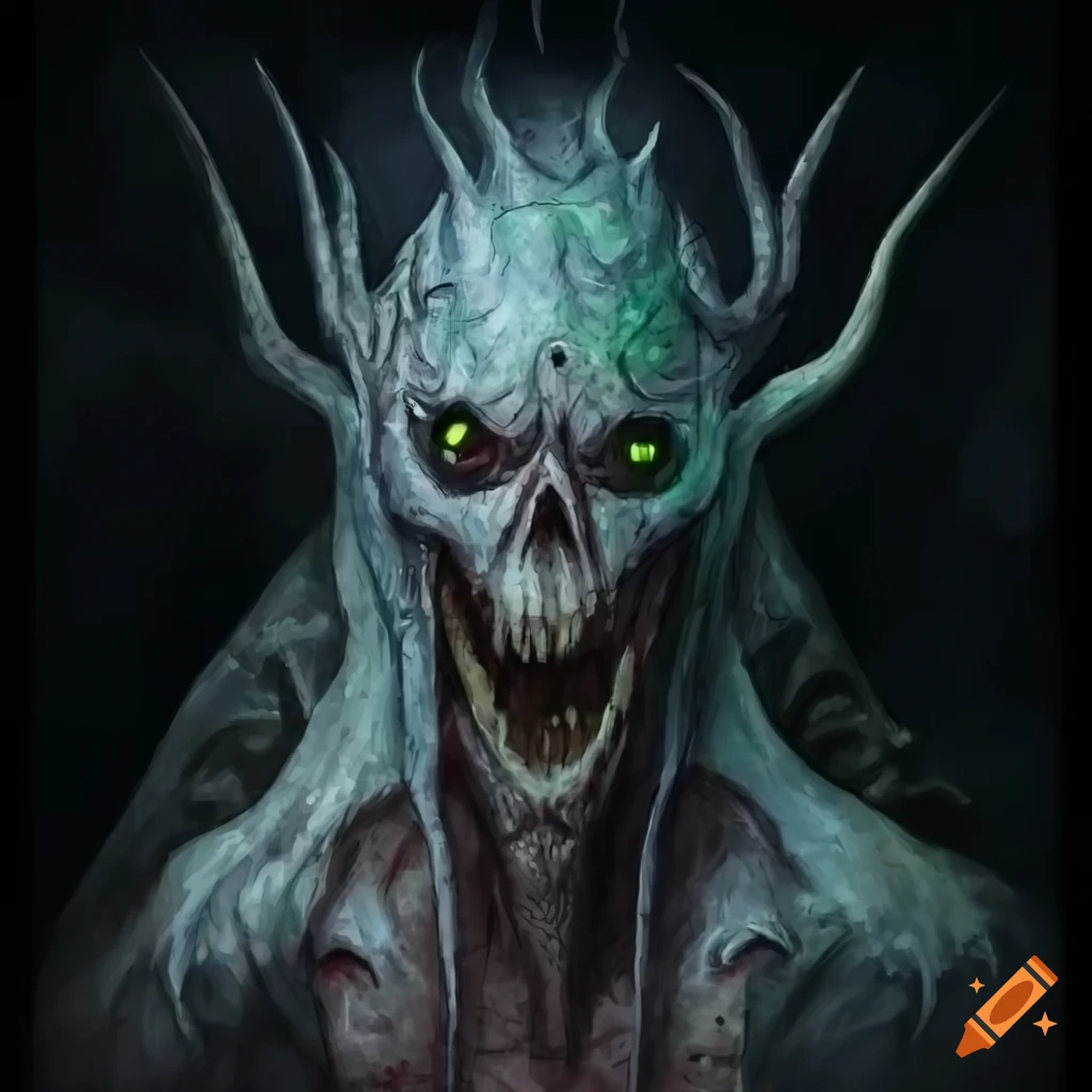 Creepy lich lord with hollow eye sockets, scales, and pulsating veins on Craiyon