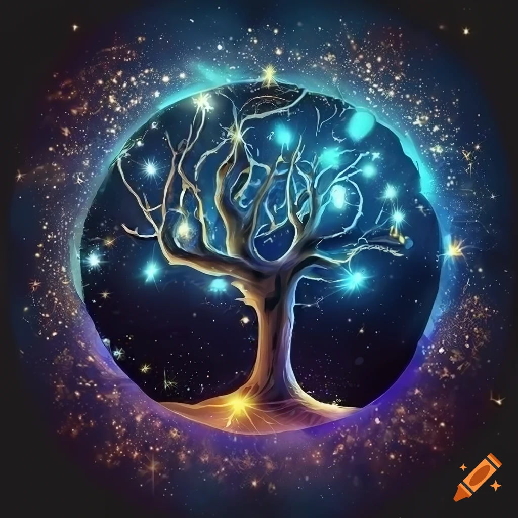 Illustration of a celestial blossom oak tree with glowing leaves in a ...