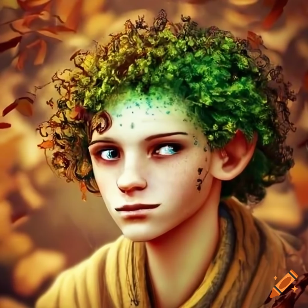 Illustration of tree spirit with greenish skin and curly hair on Craiyon
