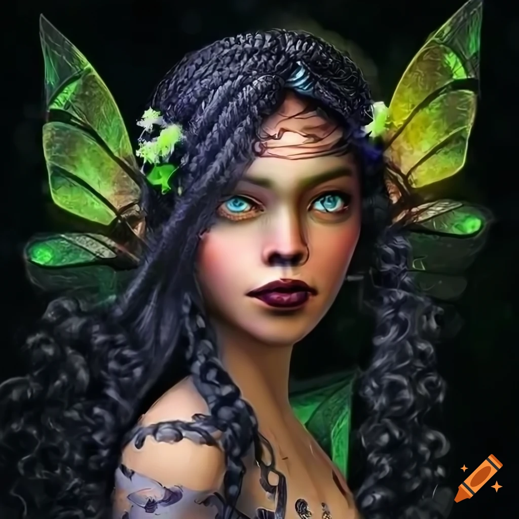 Photo-realistic illustration of a mischievous black fairy in a forest ...