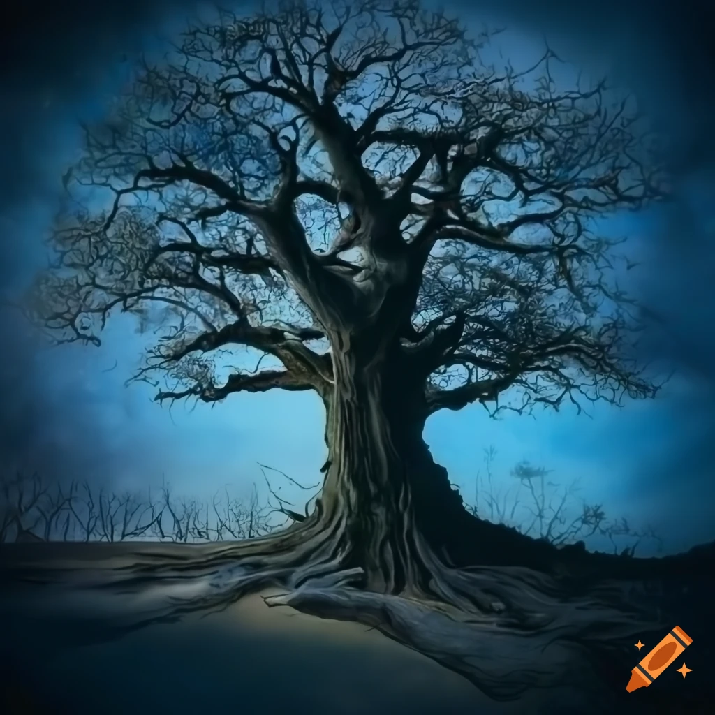 Ancient oak tree with silver and blue leaves in a magical setting on ...