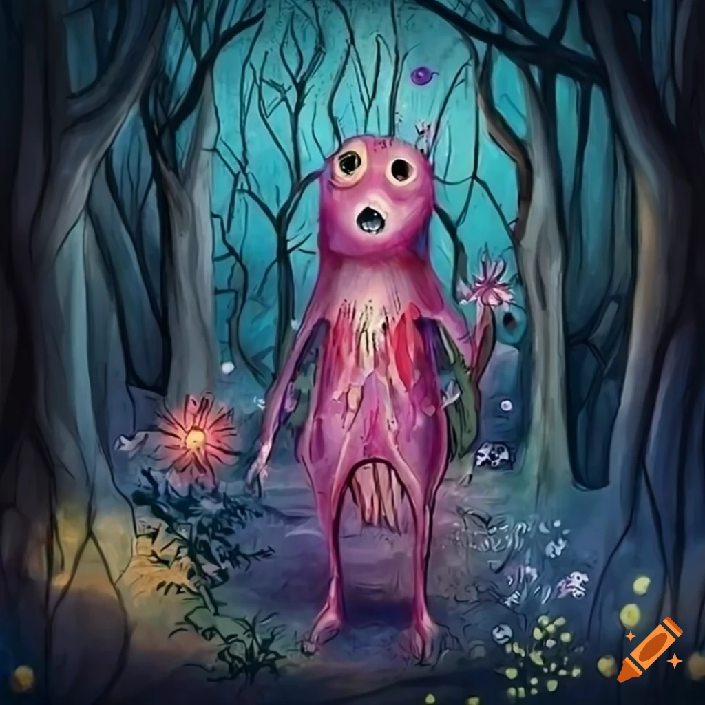 Adorable fairytale monster with flowers in a forest background on Craiyon