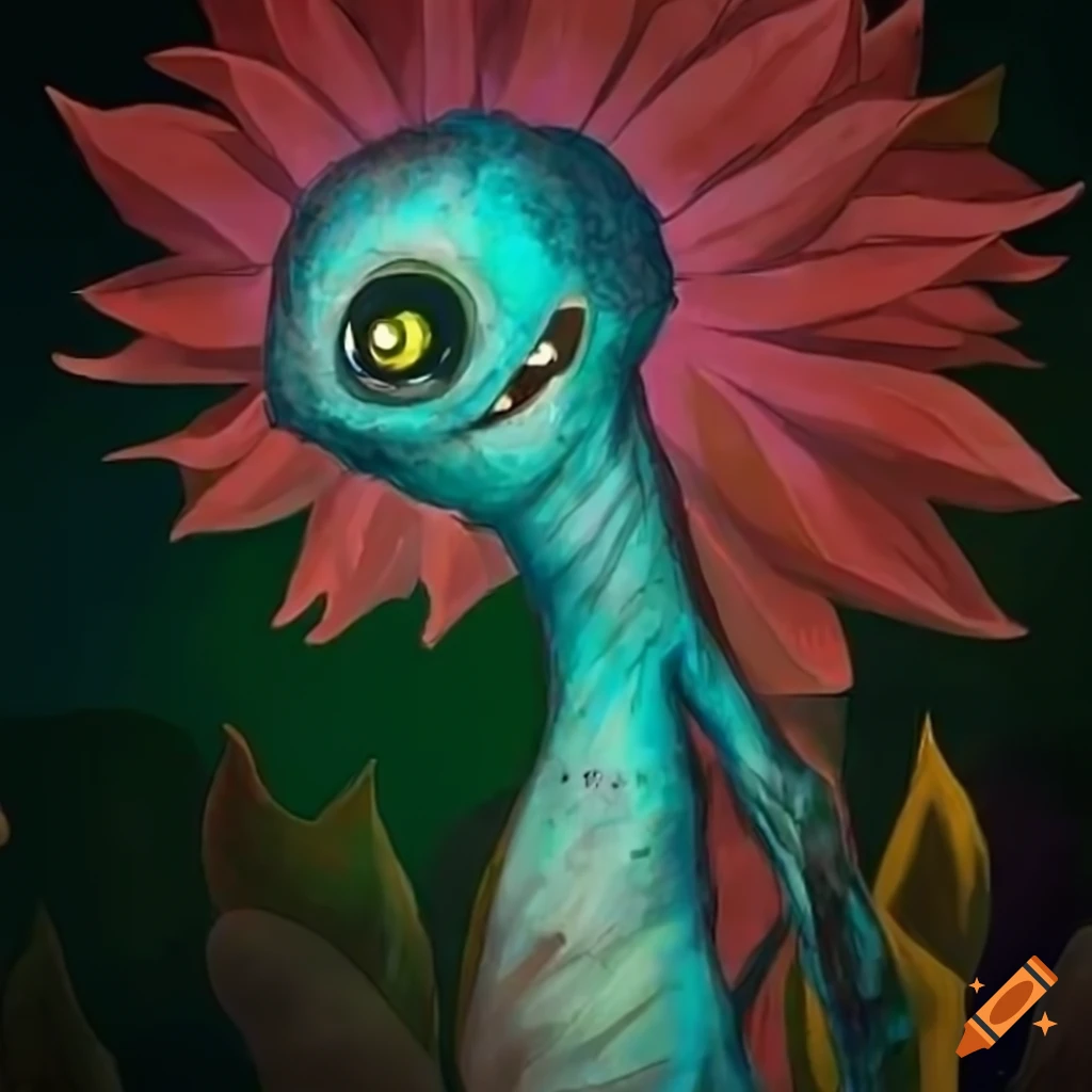 Adorable dancing monster with sunflower head and leaf arms in a warm ...