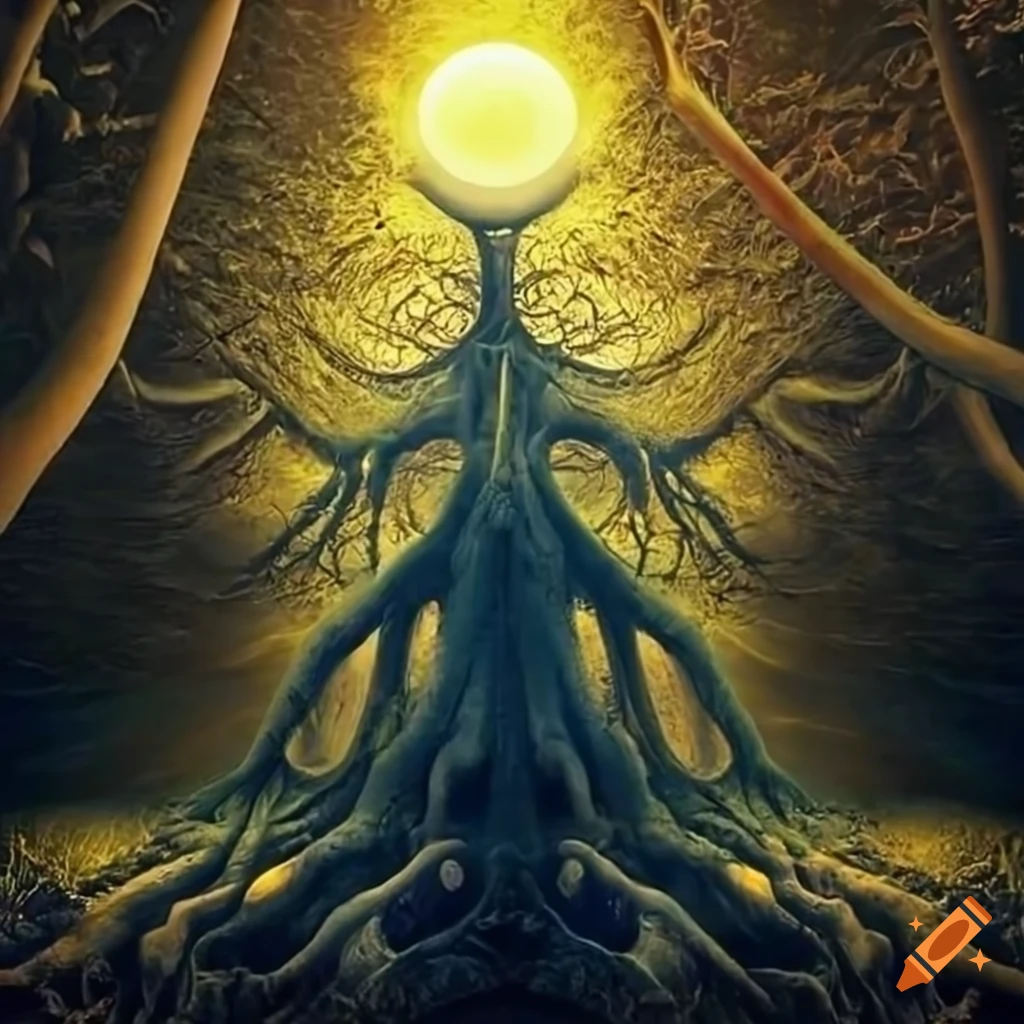 Colossal tree with moonlit roots and dancing fireflies on Craiyon