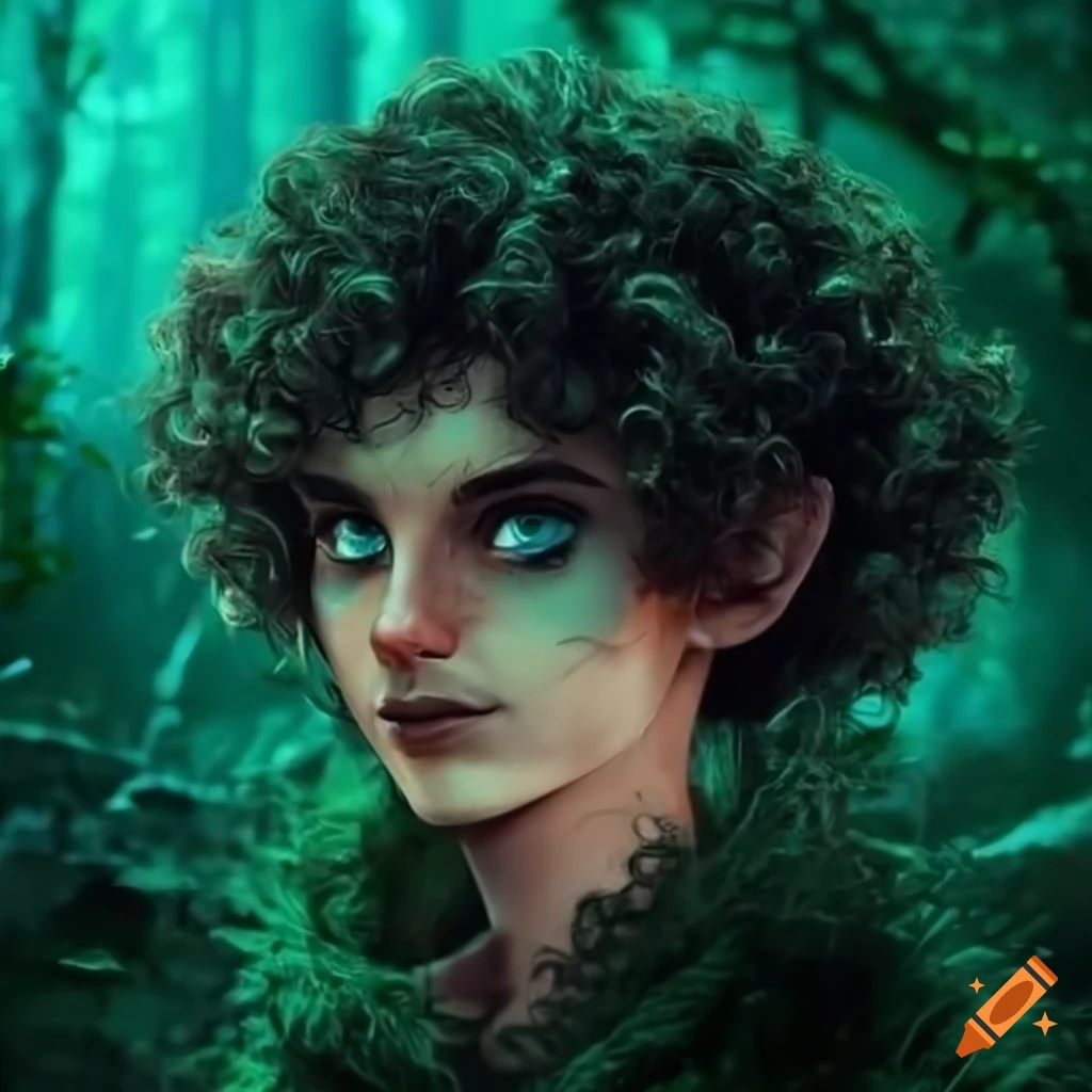 Wild Forest Spirit With Curly Hair Freckles And Mischievous Smile On