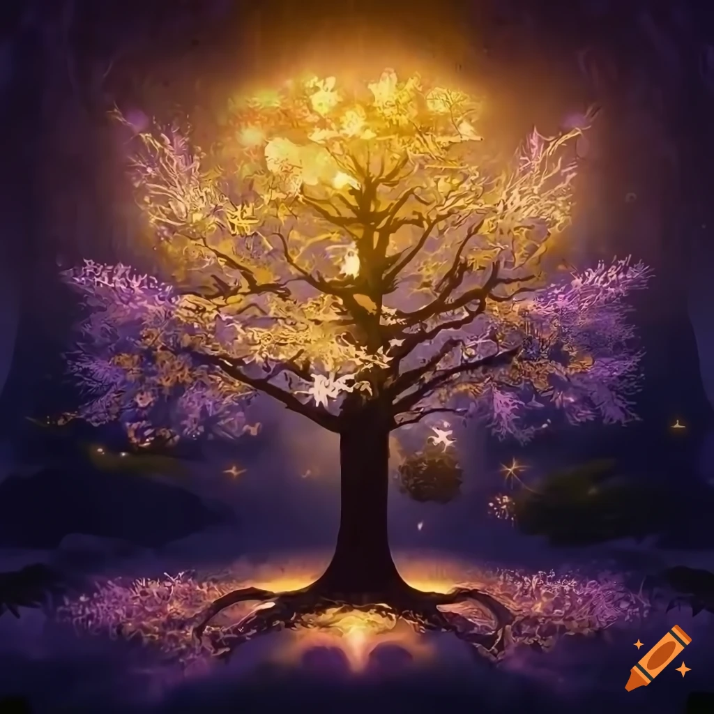 Celestial blossom oak tree with glowing silver and gold leaves in a ...