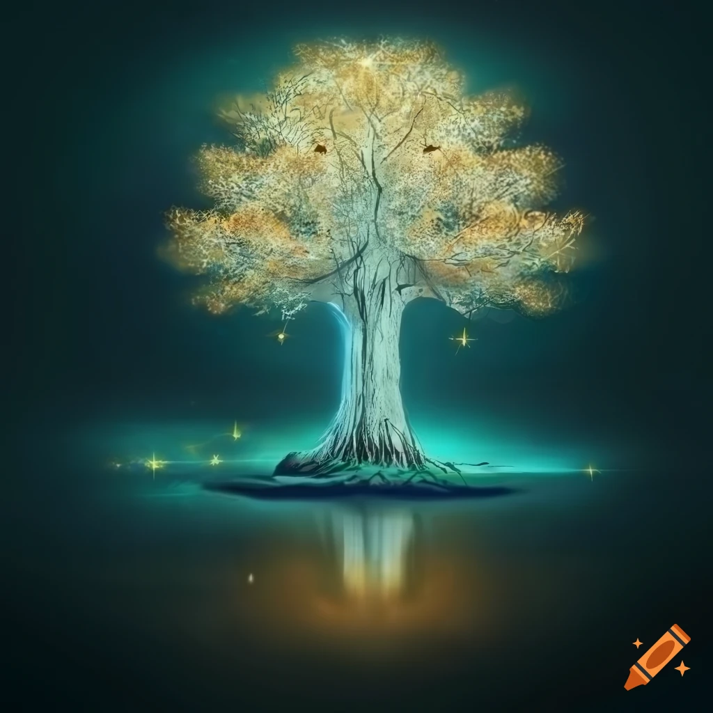 Celestial blossom oak tree sapling with glowing silver and gold leaves ...