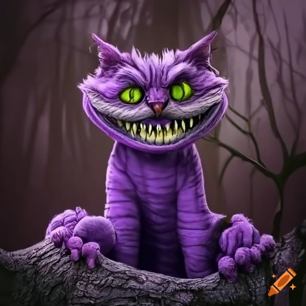 Cheshire cat monster lying on a tree with glowing yellow eyes on Craiyon