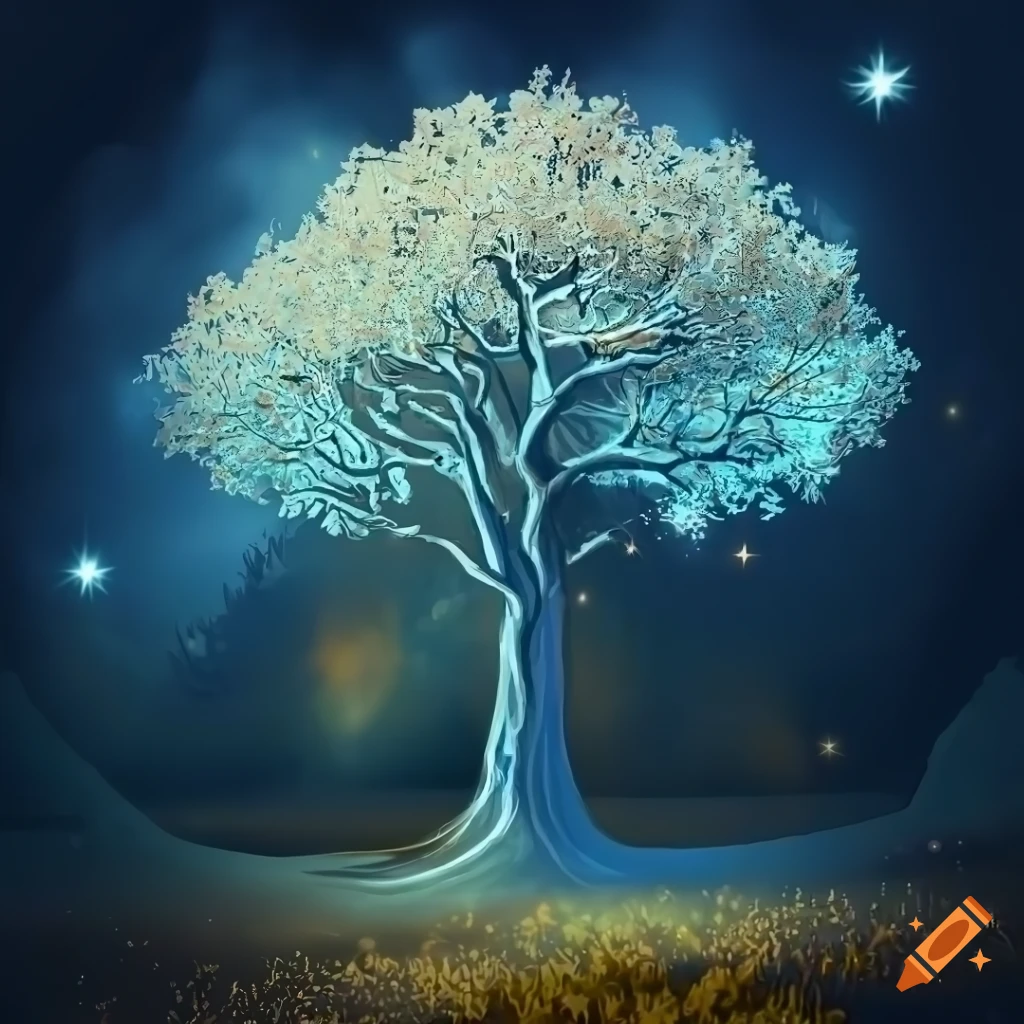 Illustration of a celestial blossom oak tree with glowing silver and ...