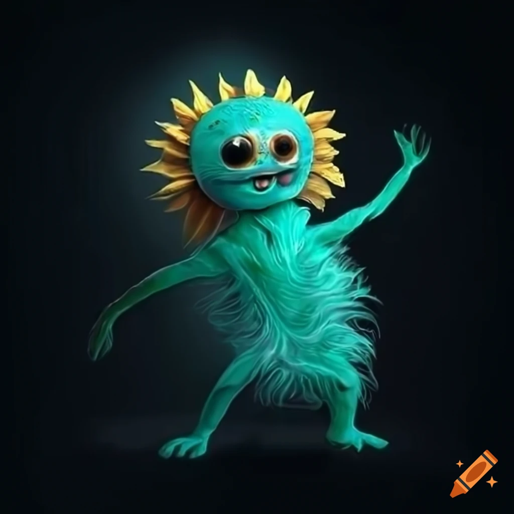 Child's drawing of an adorable dancing monster with sunflower head and ...