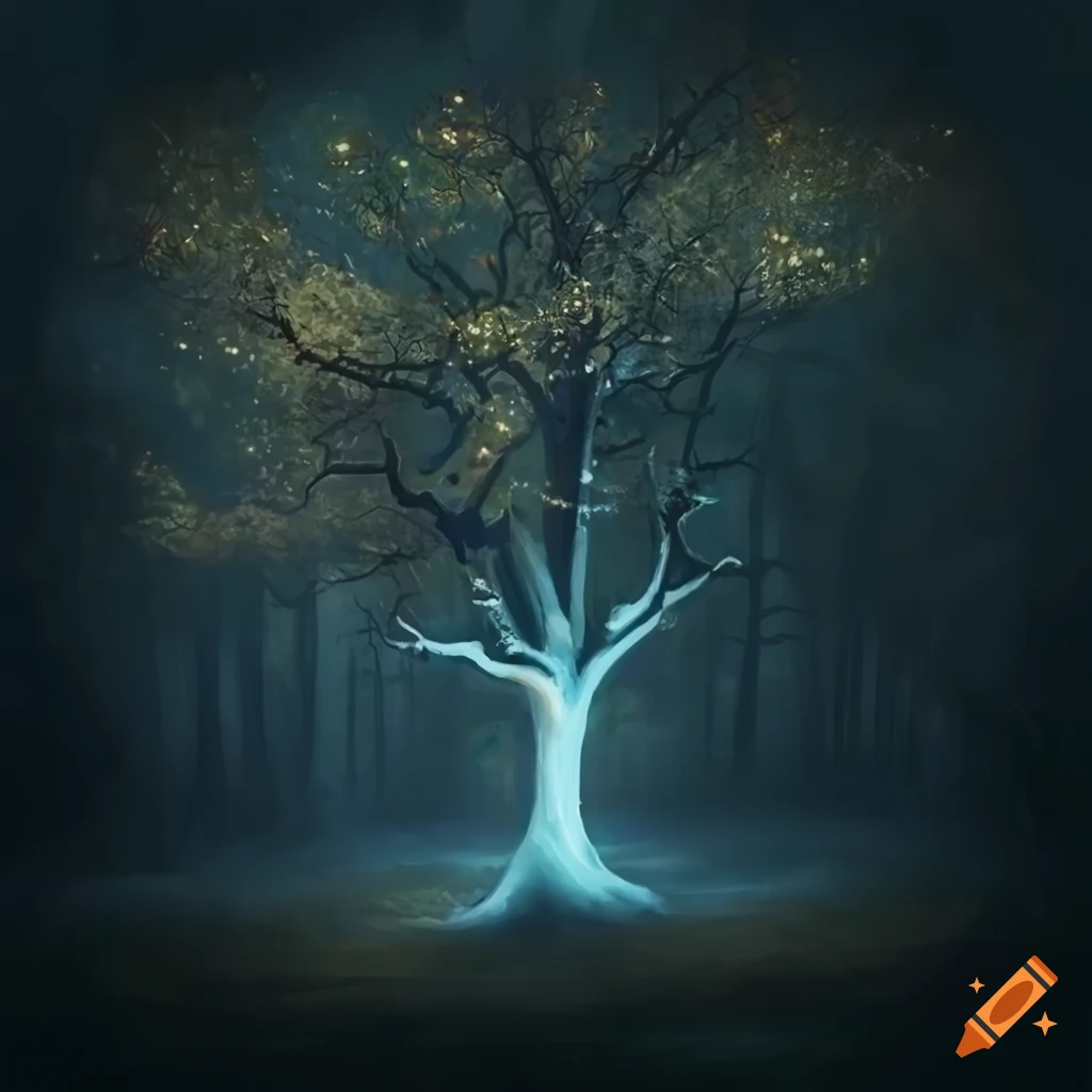 Photo-realistic illustration of a celestial blossom oak tree in a ...