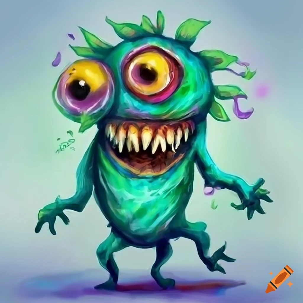 Child's drawing of an adorable dancing monster with sunflower head and ...