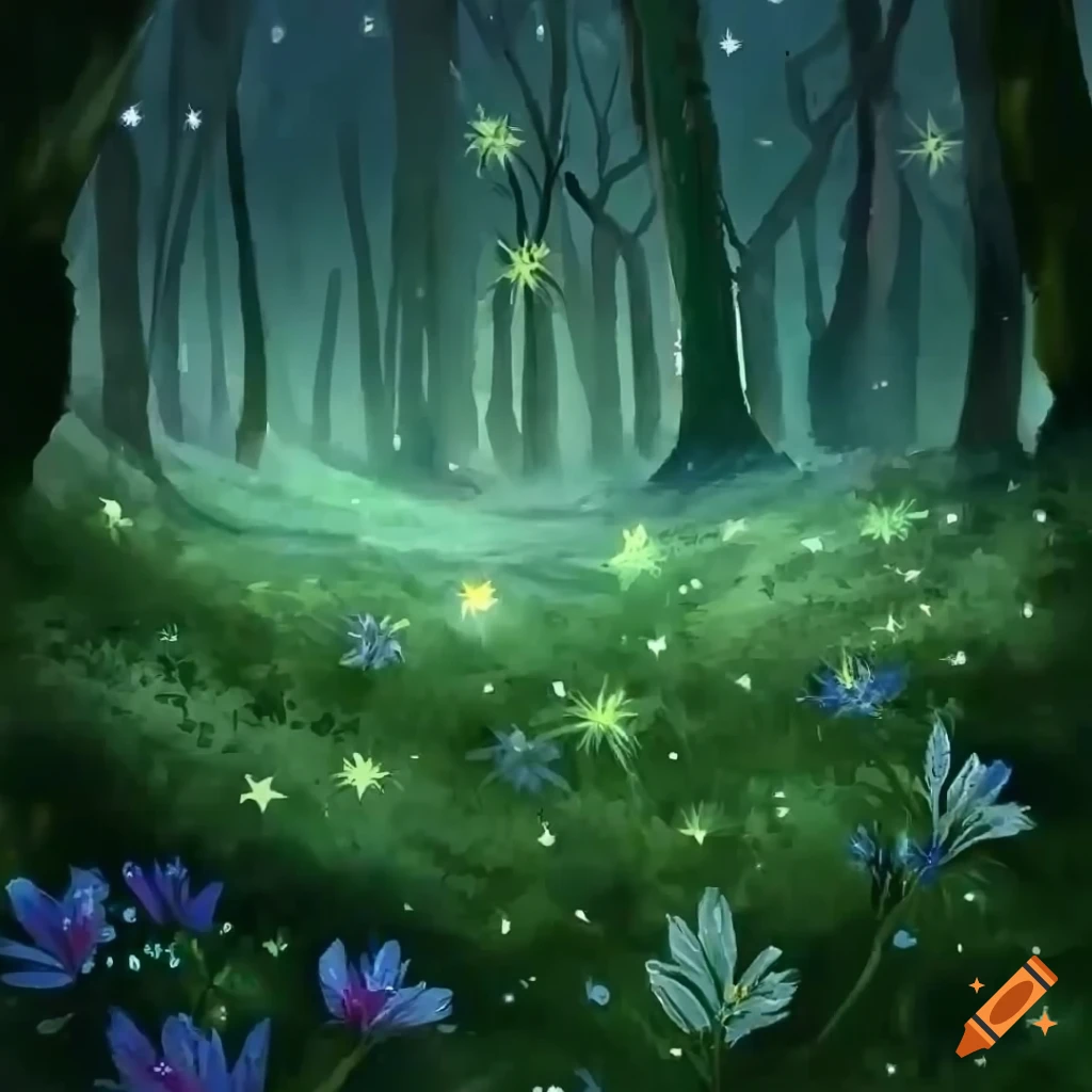 Mysterious flowerfield in a magical forest with glowing blossoms on Craiyon