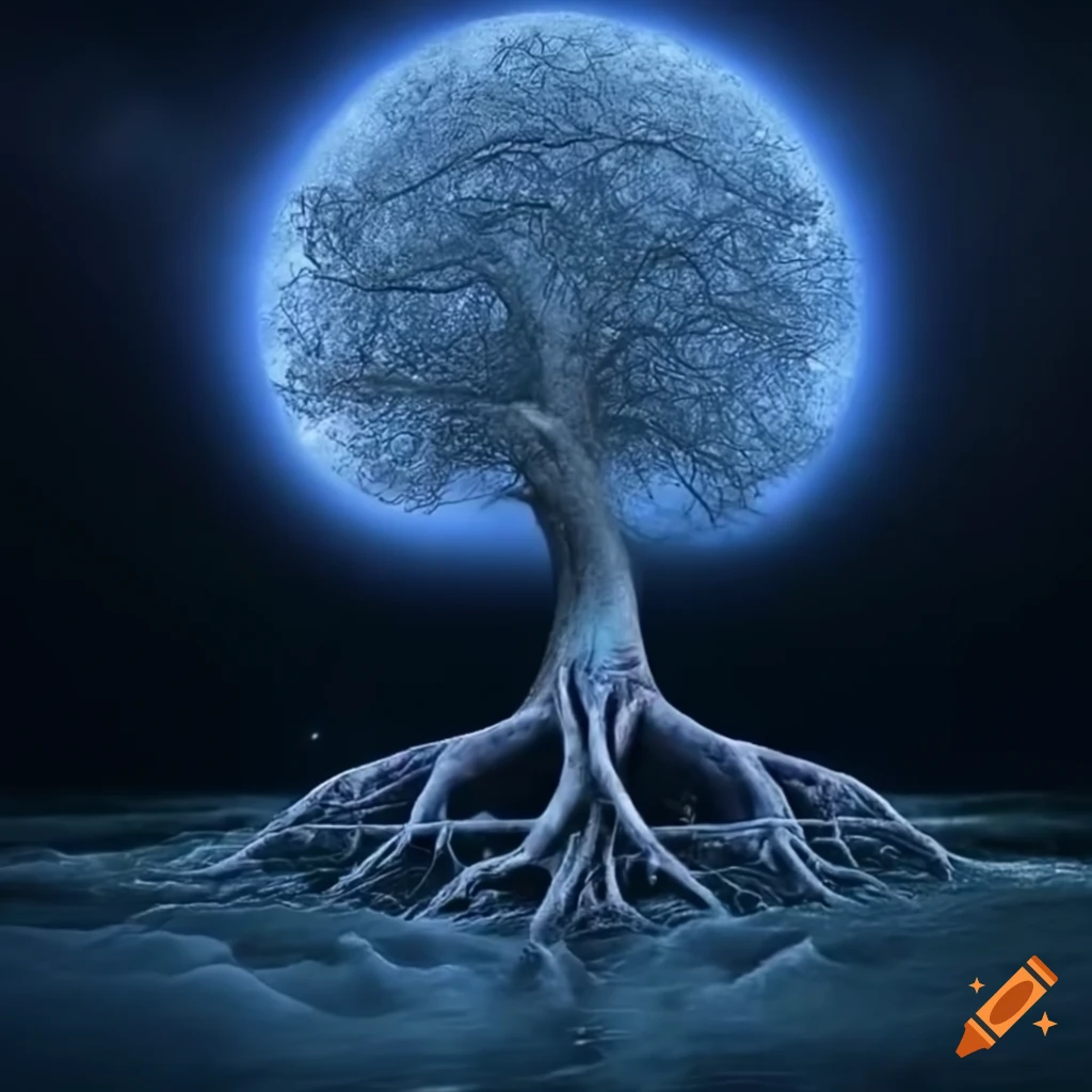 Colossal tree with moonlit roots and dancing fireflies in an enchanting ...