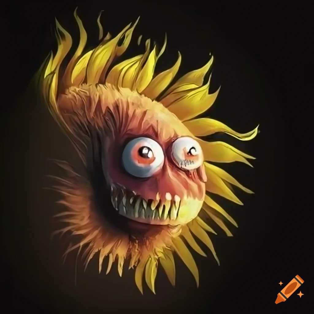 Adorable dancing monster with sunflower head and leafy arms in warm ...