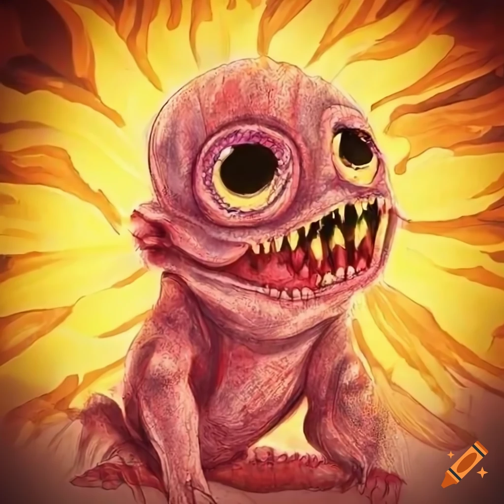 Child's drawing of adorable sitting monster with sunbloomflower head ...