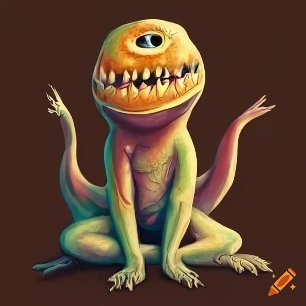 Child's drawing of adorable sitting monster with sunbloomflower head ...