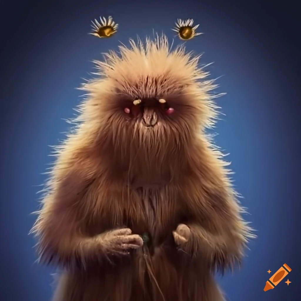 Sad hairy monster holding a daisy in a symmetrical composition with ...