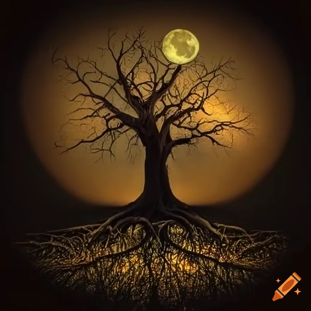 Colossal tree with moonlit roots and fireflies dancing around on Craiyon