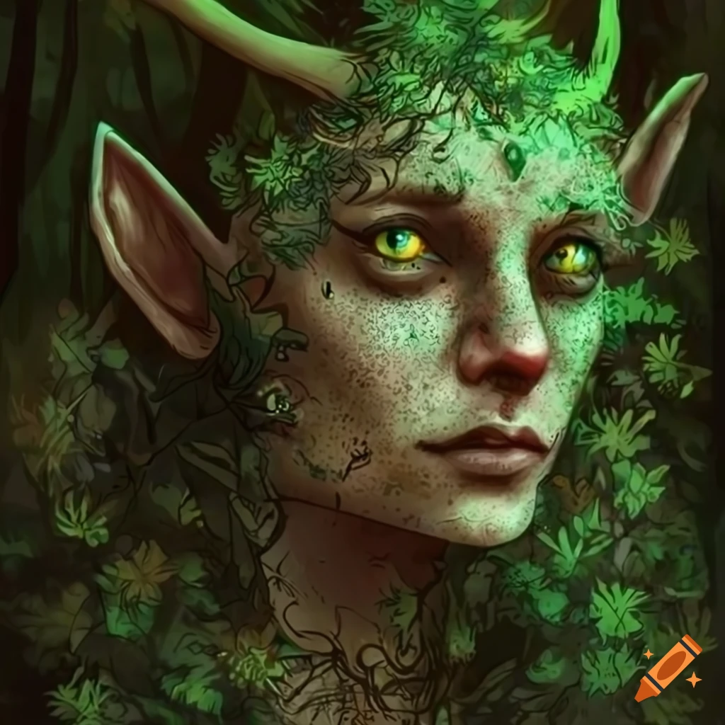 Illustration of a smiling forest spirit with green hair and freckles on ...