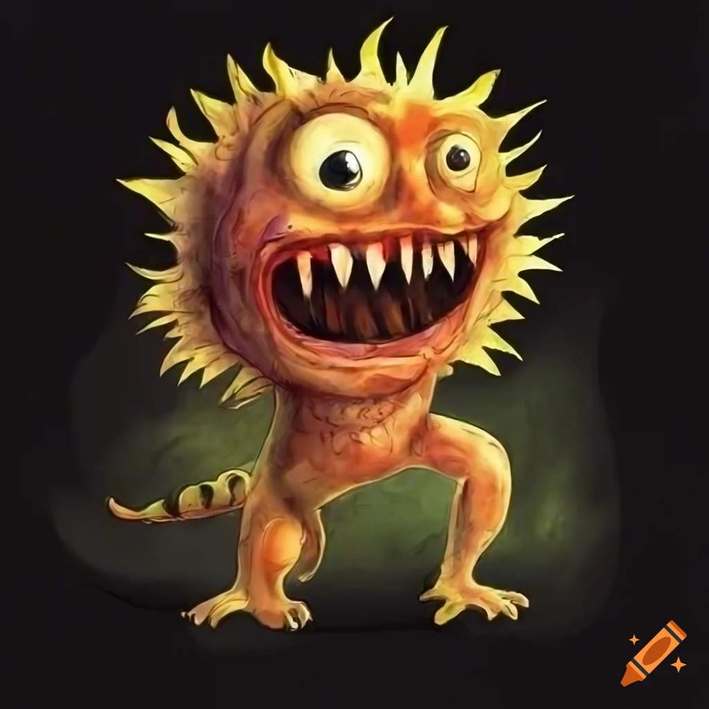 Adorable dancing monster with sunflower head and leaf arms in warm ...