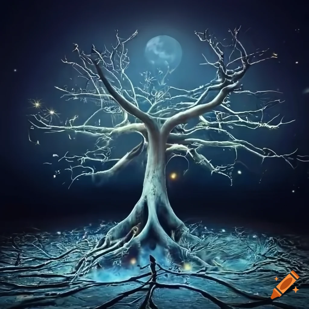 Colossal tree with moonlit roots and dancing fireflies in an enchanting ...