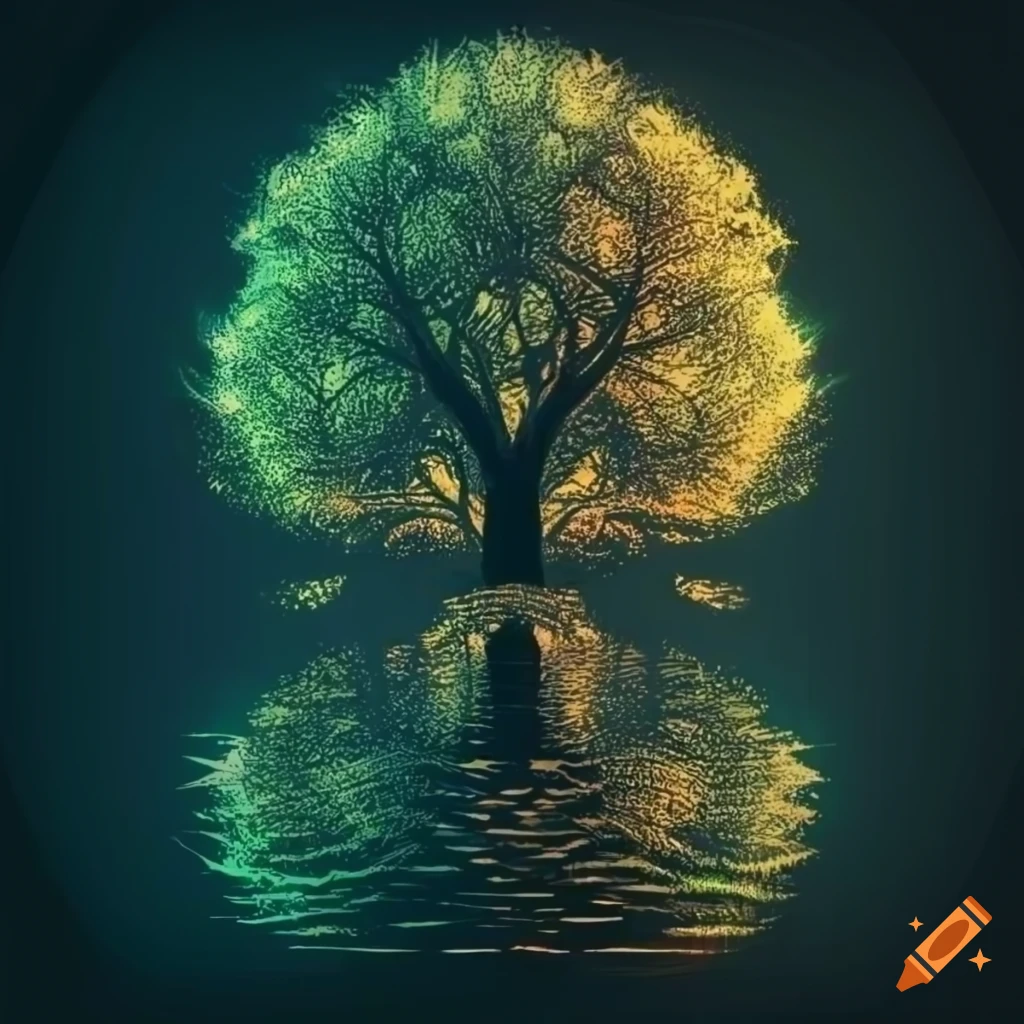 Colossal tree with golden leaves and massive roots in a dark forest on ...