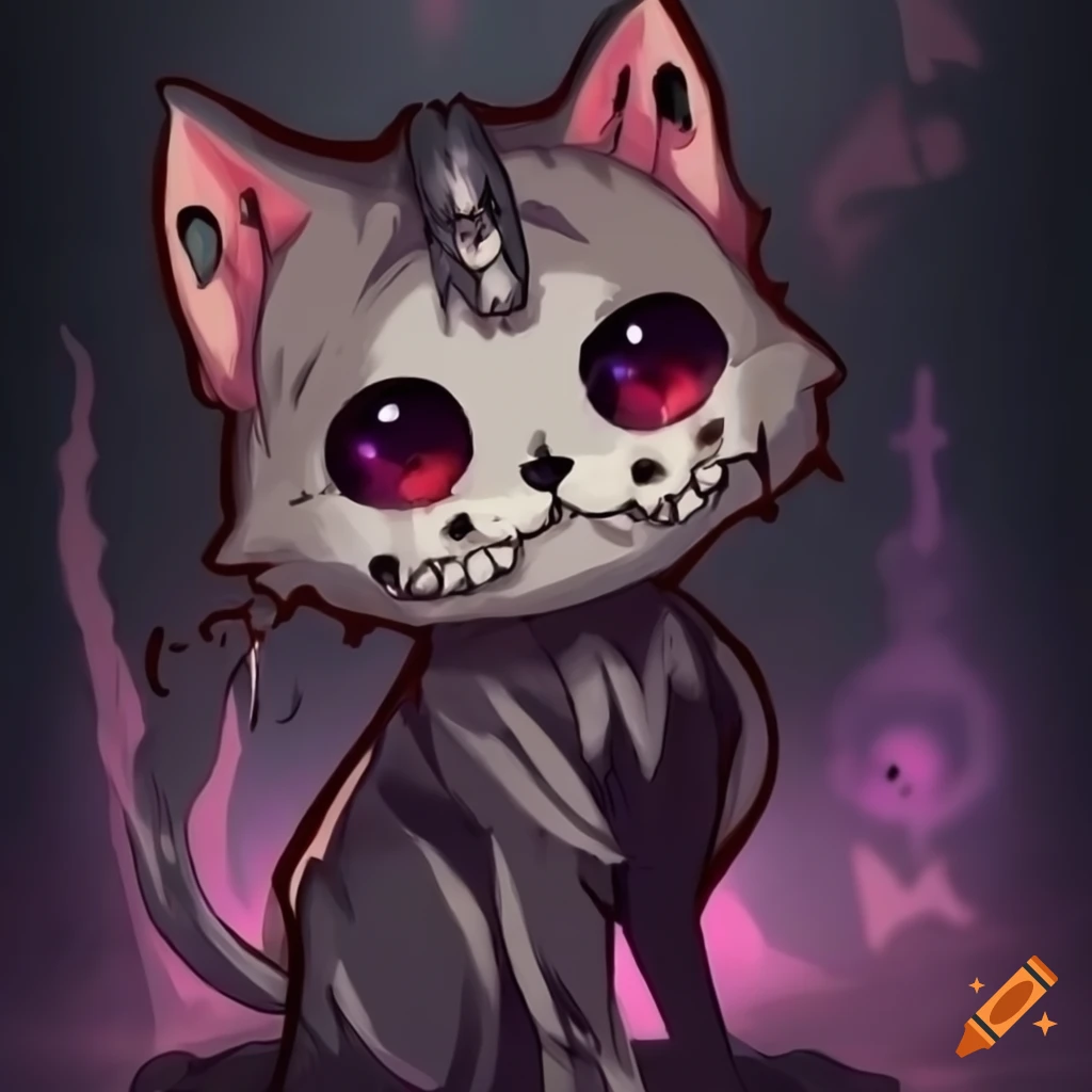 Anime chibi evil cryptid cat with long shadow and skull face named ...