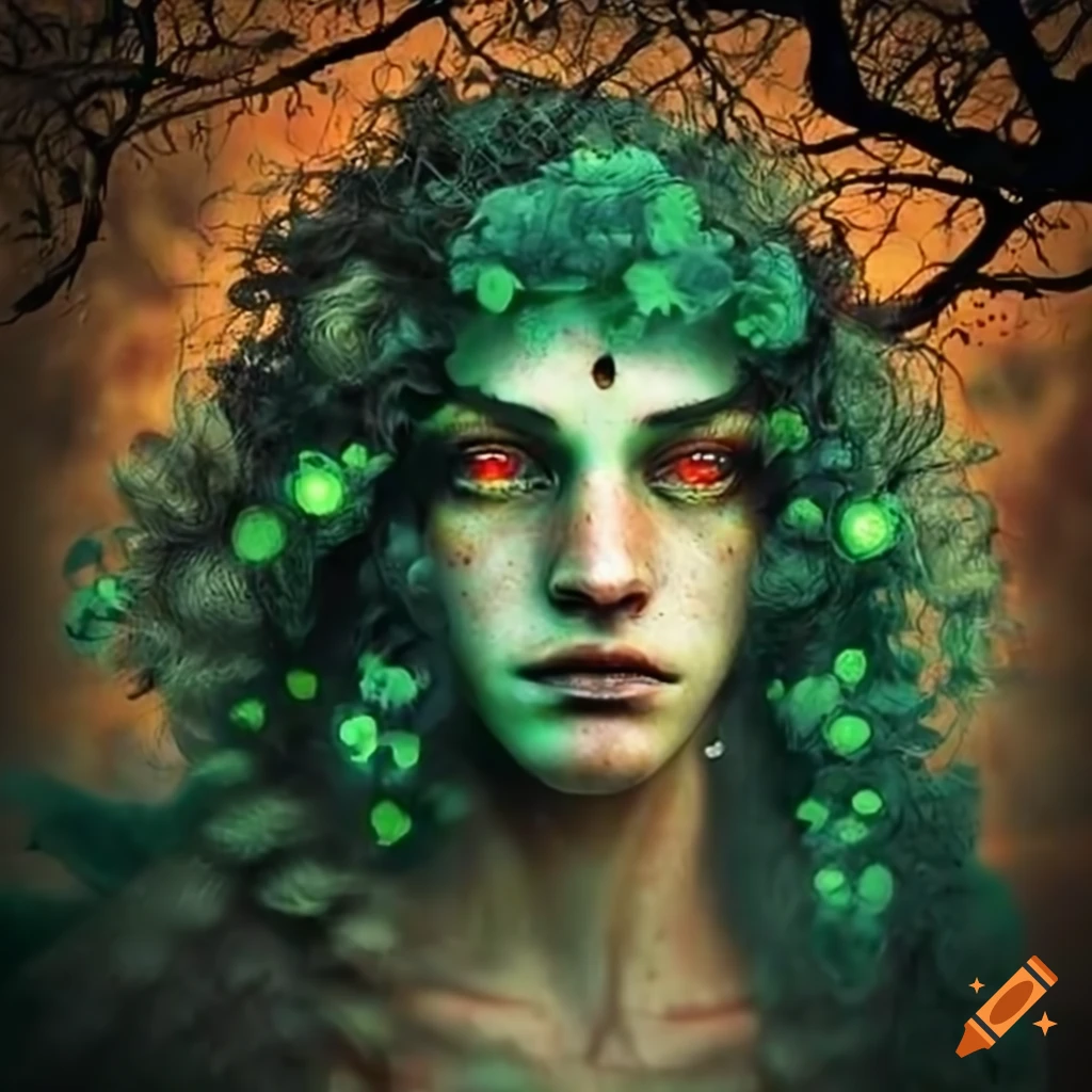 Portrait of a male tree spirit with greenish skin and wild curly hair ...