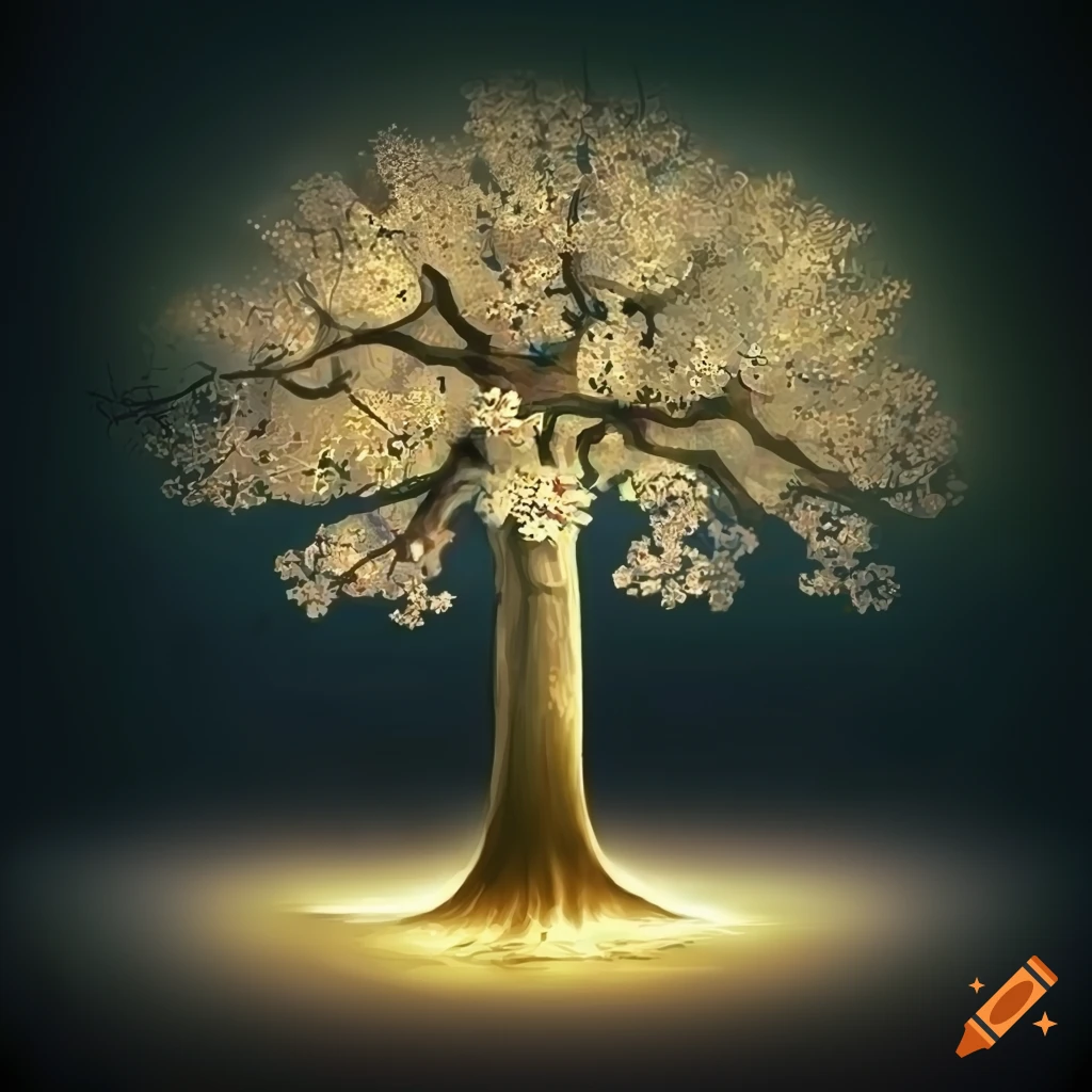 Photo-realistic illustration of a celestial blossom oak tree sapling ...