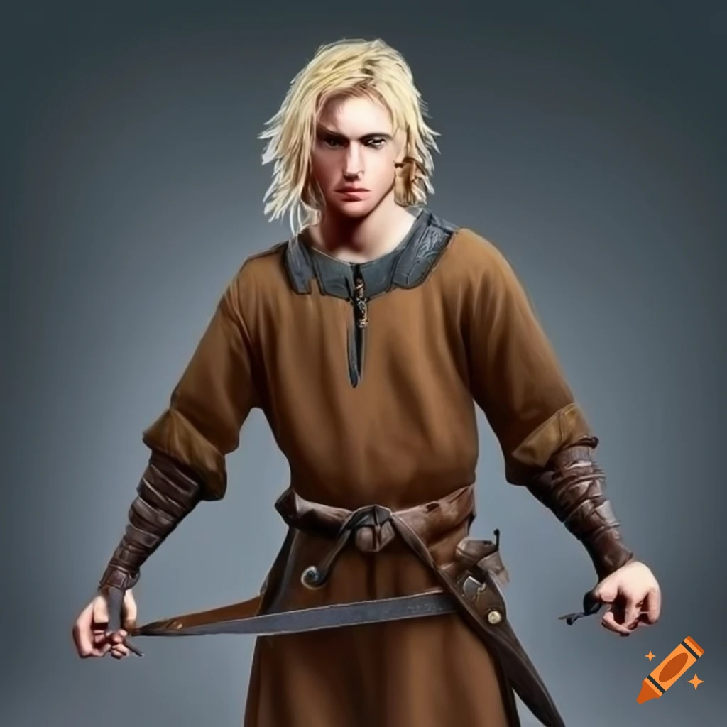Image of a rugged teenage peasant with a sword on Craiyon