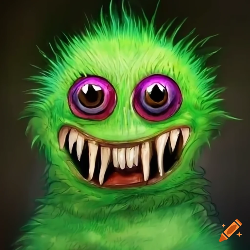 Child's drawing of an adorable monster with green fur and pink scales ...