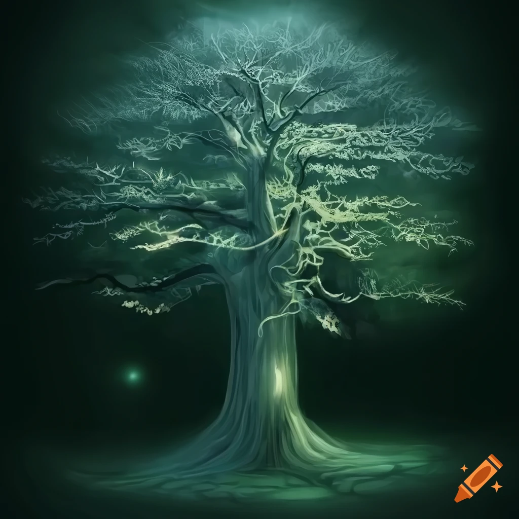 Elven platinum oak tree of life surrounded by dark woods in high ...