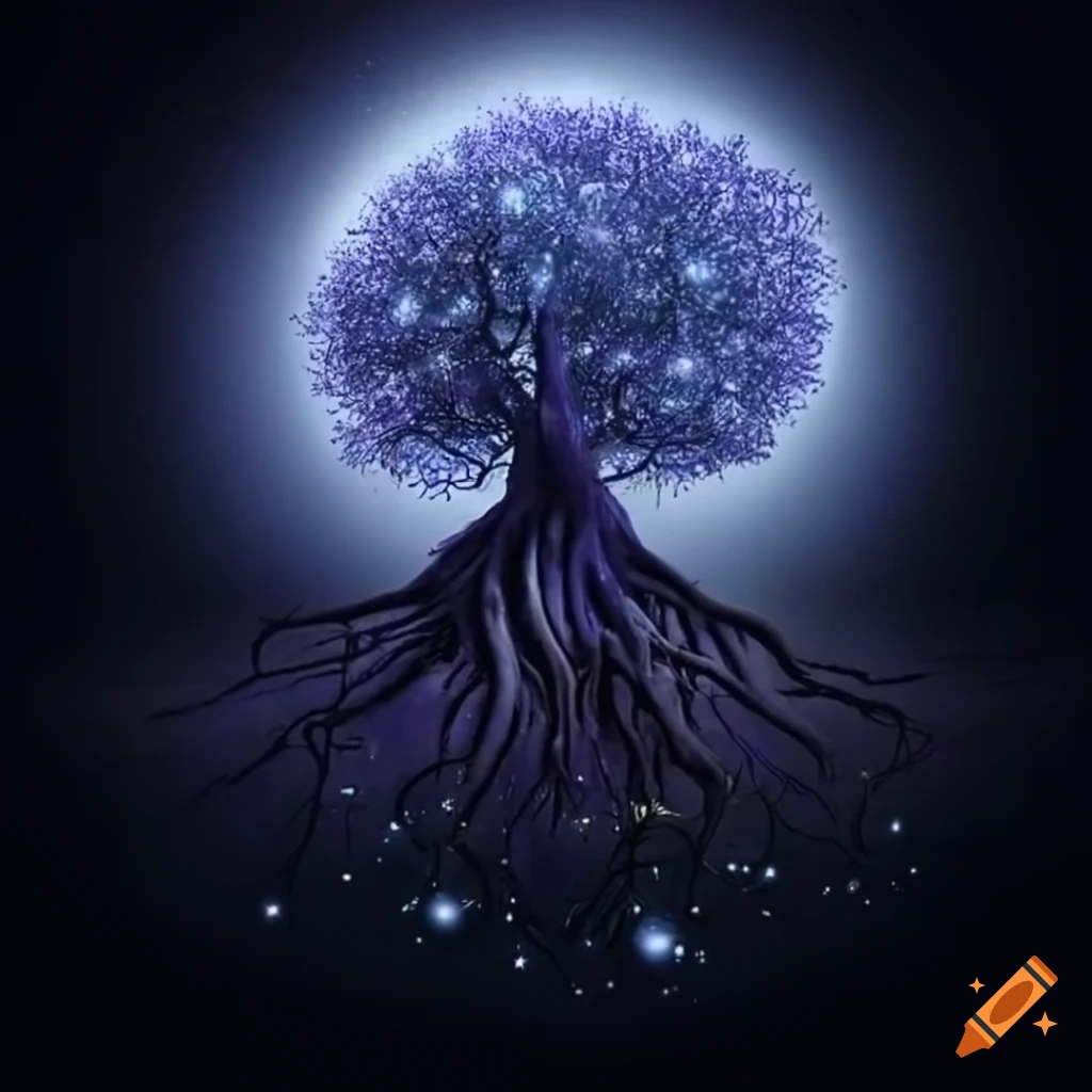 Colossal tree with moonlit roots and dancing fireflies on Craiyon