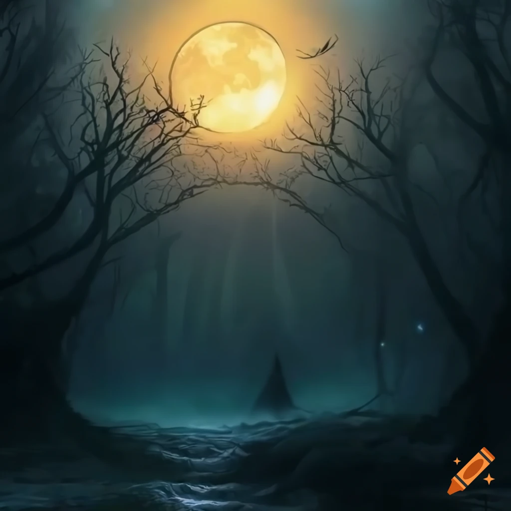 Fantasy landscape with dark spooky forest, full moon, and twinkling stars on Craiyon